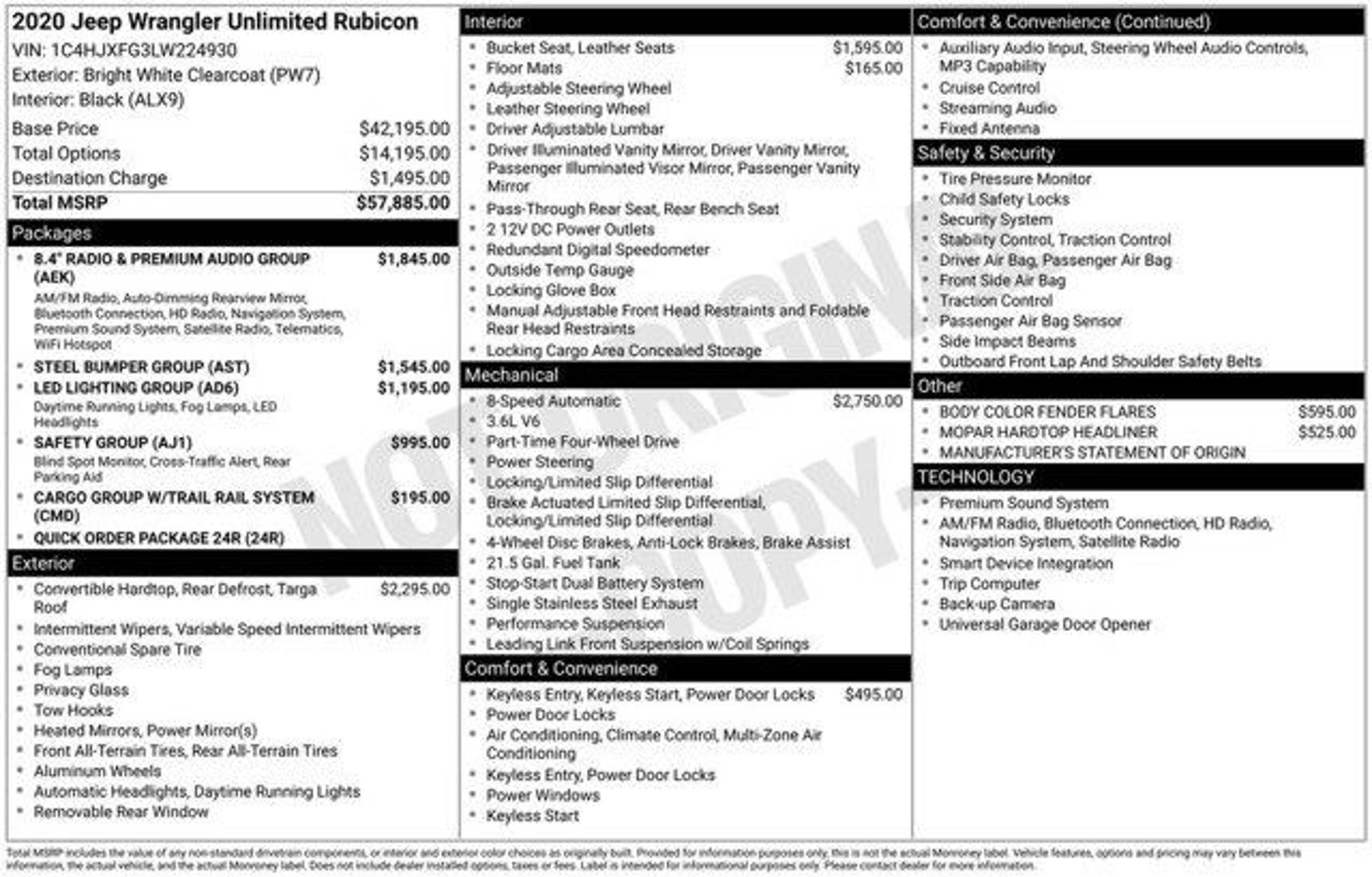 2020 Jeep Wrangler Unlimited 4X4 Rubicon 4DR SUV For Sale in Miami, FL