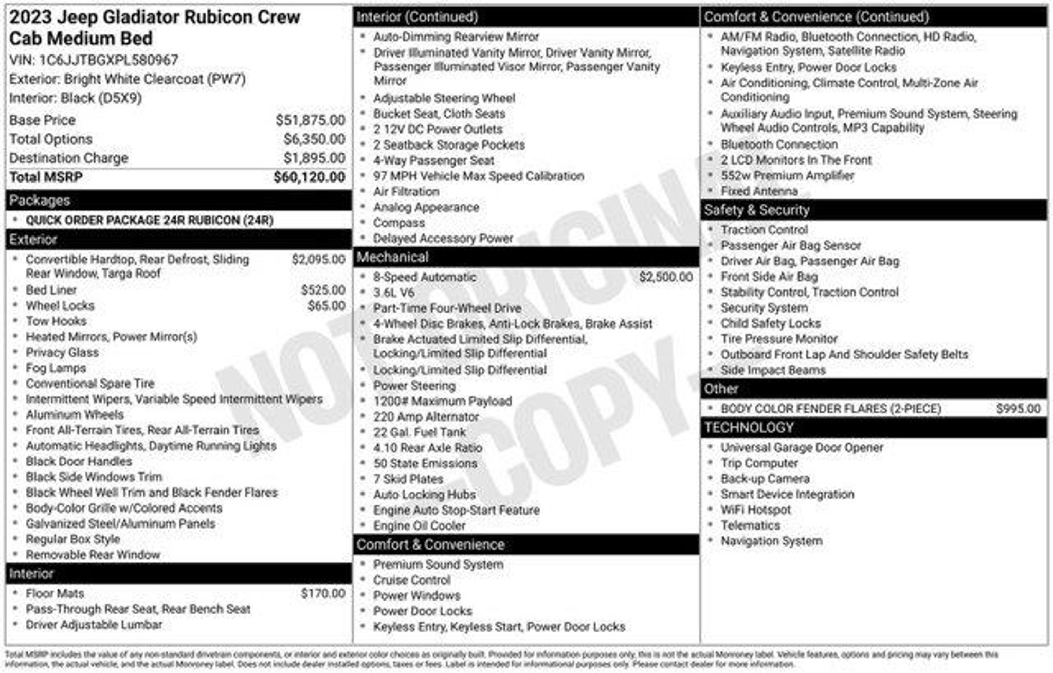 2023 Jeep Gladiator 4X4 Rubicon 4DR Crew Cab 5.0 FT. SB For Sale in ...