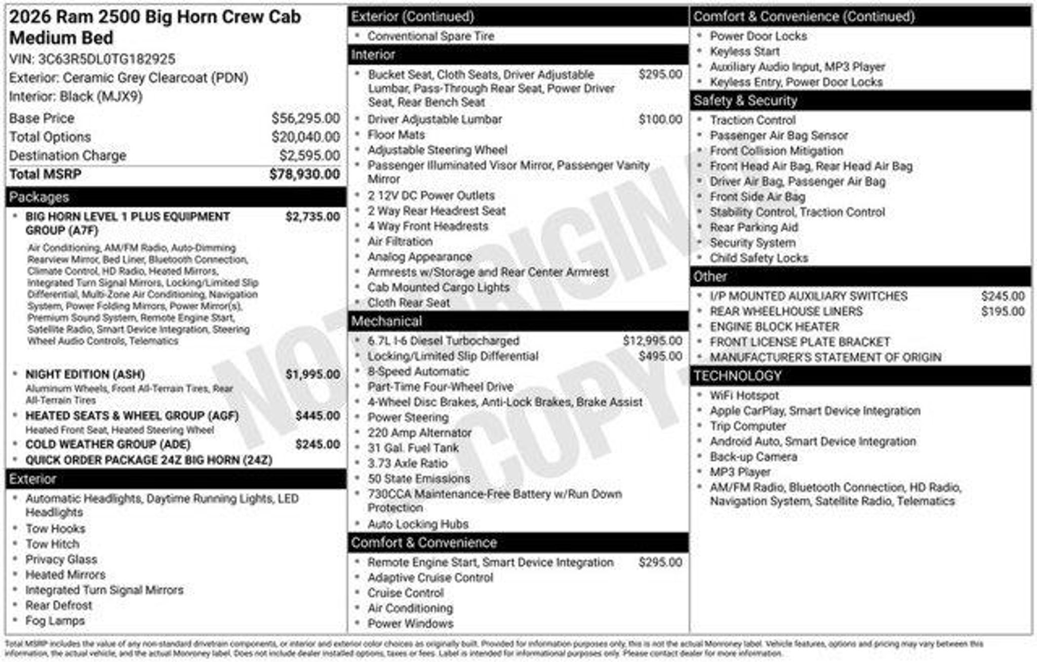 2026 RAM 2500 4X4 Lone Star 4DR Crew Cab 6.3 FT. SB Pickup For Sale in ...